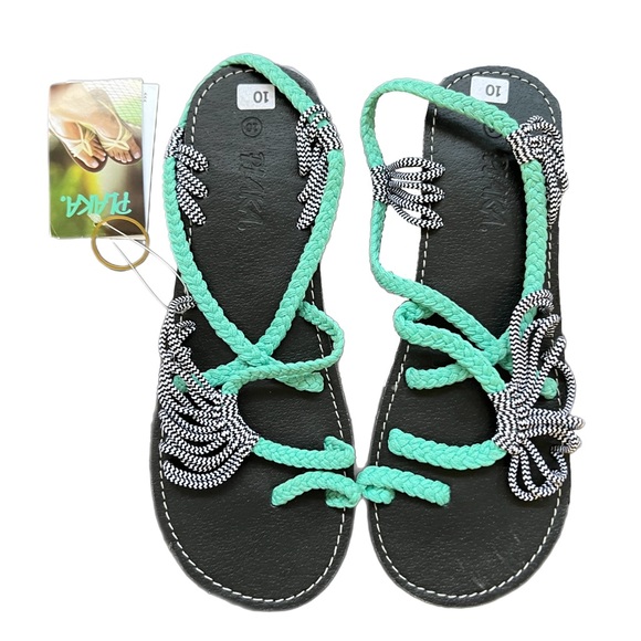 Plaka | Shoes | New Plaka Woven Sandals In Blackwhiteturquoise Sz ...